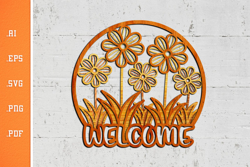 Welcome Spring Flowers - Layered Door Sign SVG - So Fontsy