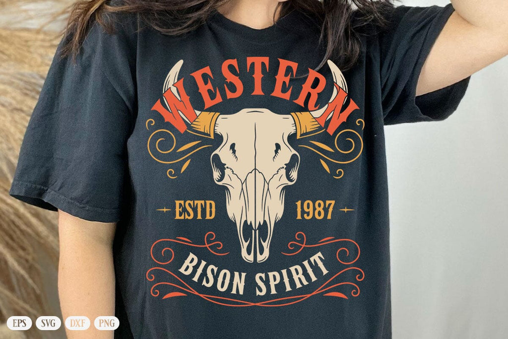 Western Bison Spirit Estd 1987 Vintage Bull Skull Graphic T-Shirt - So ...