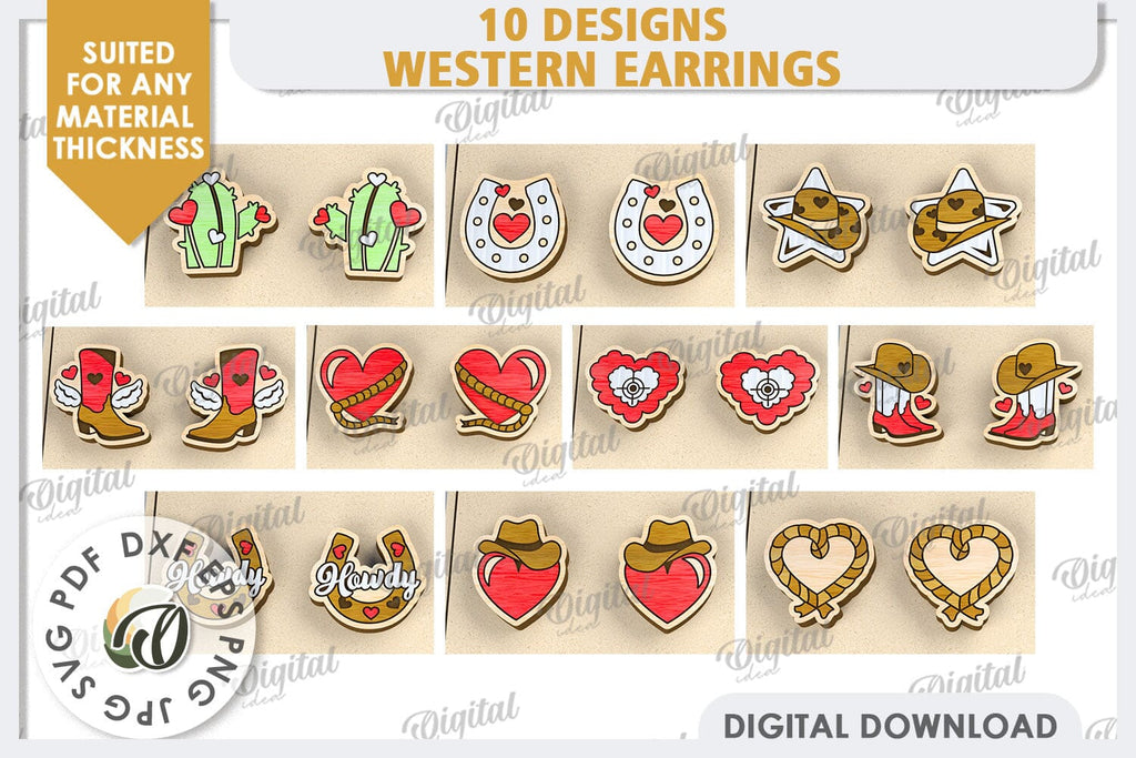 Western Earrings Laser Cut Bundle. Cowboy Earrings SVG - So Fontsy
