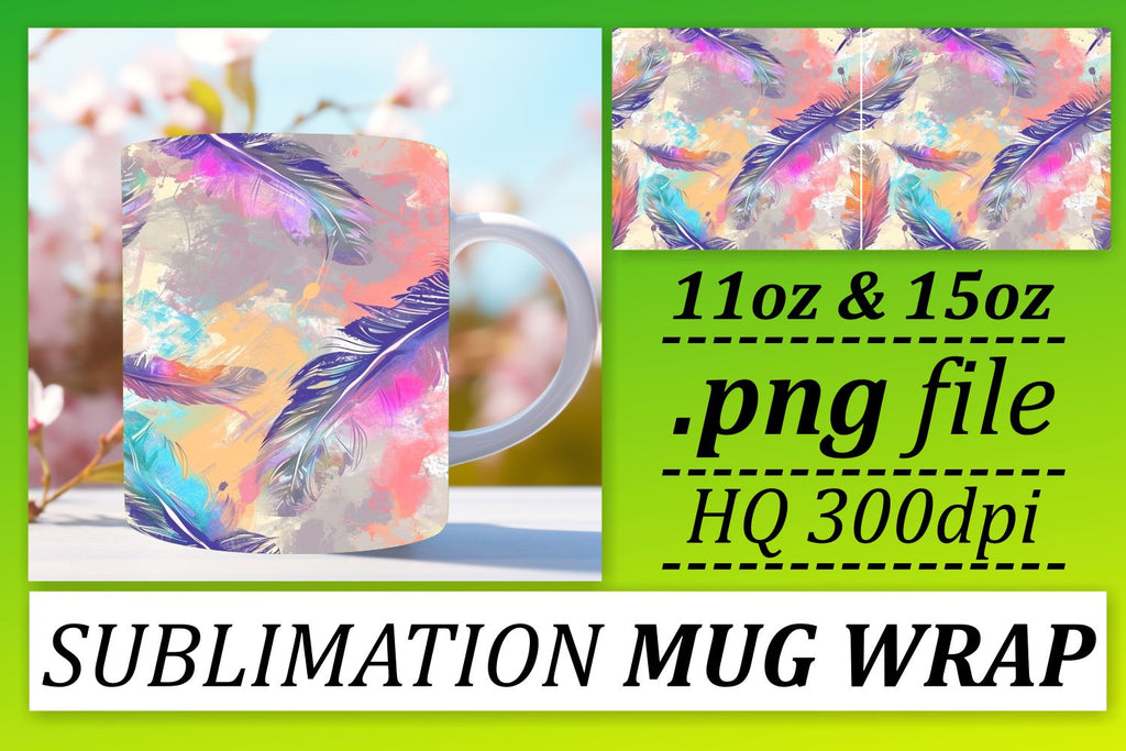 Whimsical Feather Mug Sublimation: 11oz 15oz Fun with Patterns - So Fontsy