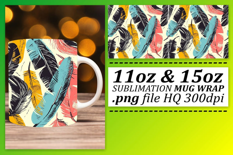 Whimsical Feather Mug Sublimation: 11oz 15oz Playful Delight - So Fontsy