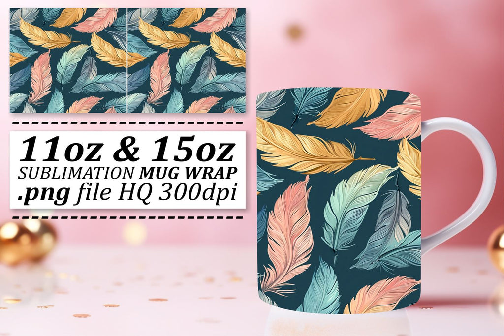 Whimsical Feather Pattern Mug Wrap: Sublimation for 11oz 15oz Cups - So ...