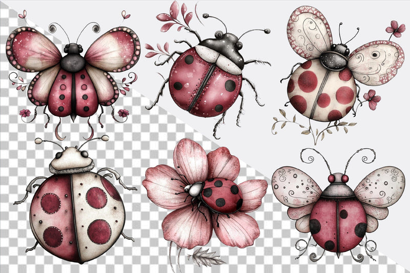Whimsical Spring Ladybug Clipart Bundle. - So Fontsy