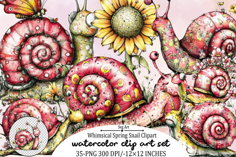Whimsical Spring Snail Clipart Bundle. - So Fontsy