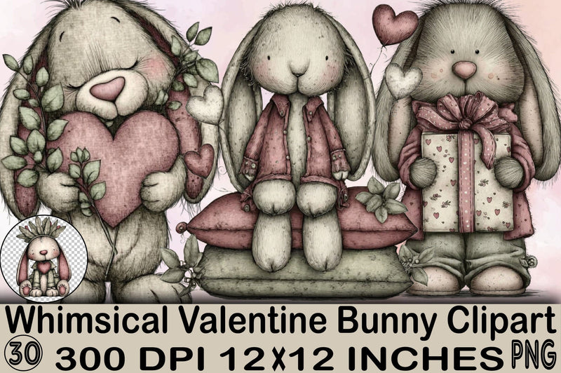 Whimsical Valentine Bunny Clipart - So Fontsy