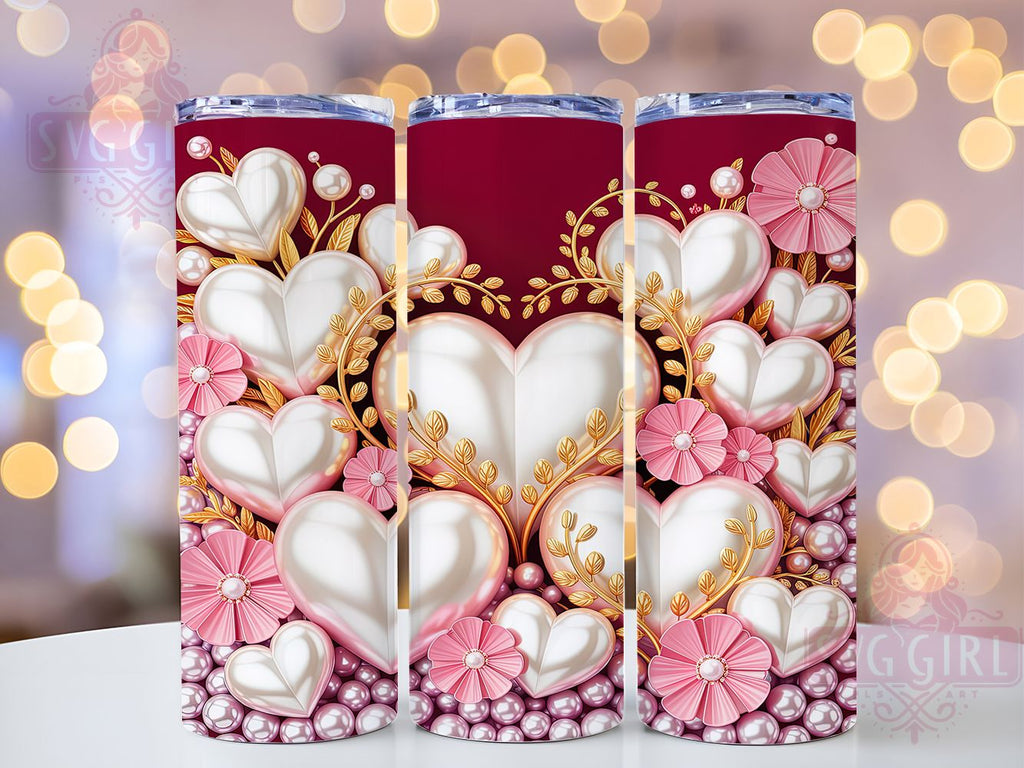 White Gold 3D Hearts Tumbler, Gold Hearts Wrap, White And Gold Cup ...
