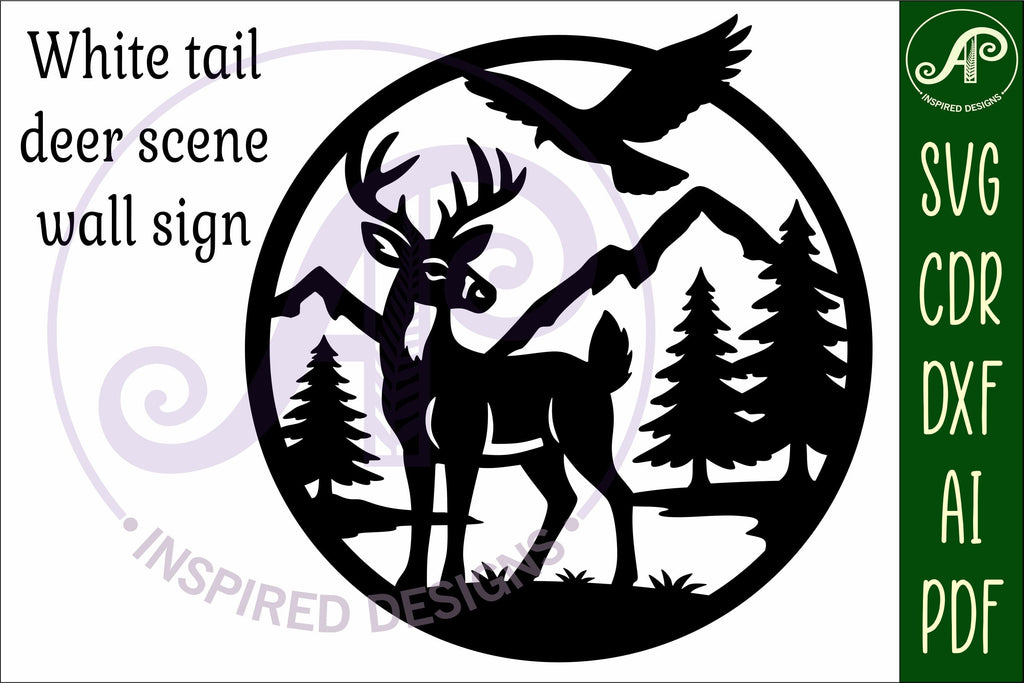 White tail deer mountain scene wall sign svg laser cut file - So Fontsy