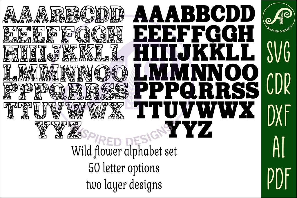 Wild flower alphabet letter set. 2 layer 50 letters. - So Fontsy