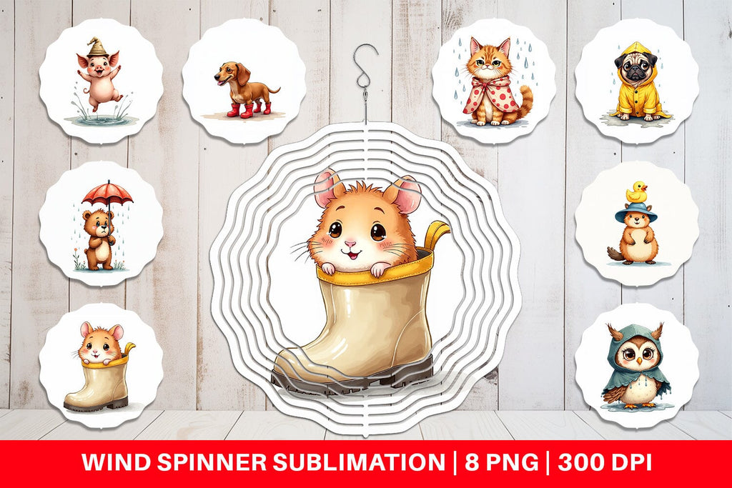 Wind Spinner Chubby Raincoat Critters Watercolor - So Fontsy
