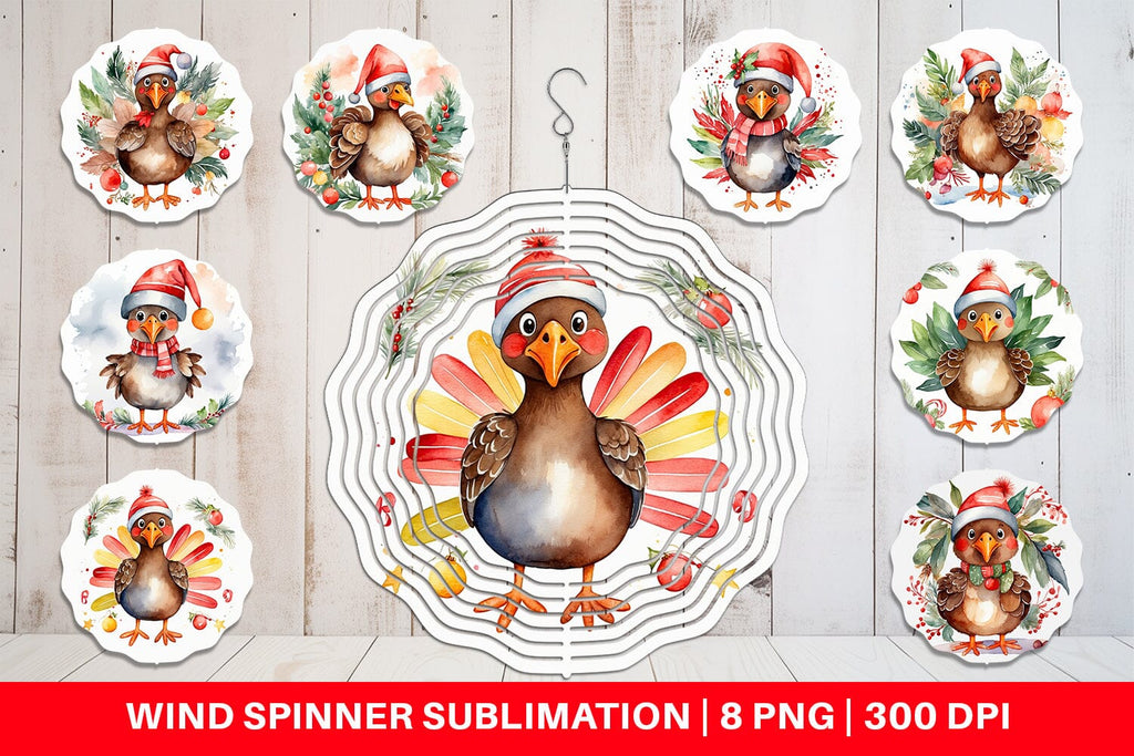Wind Spinner Watercolor Christmas turkey - So Fontsy