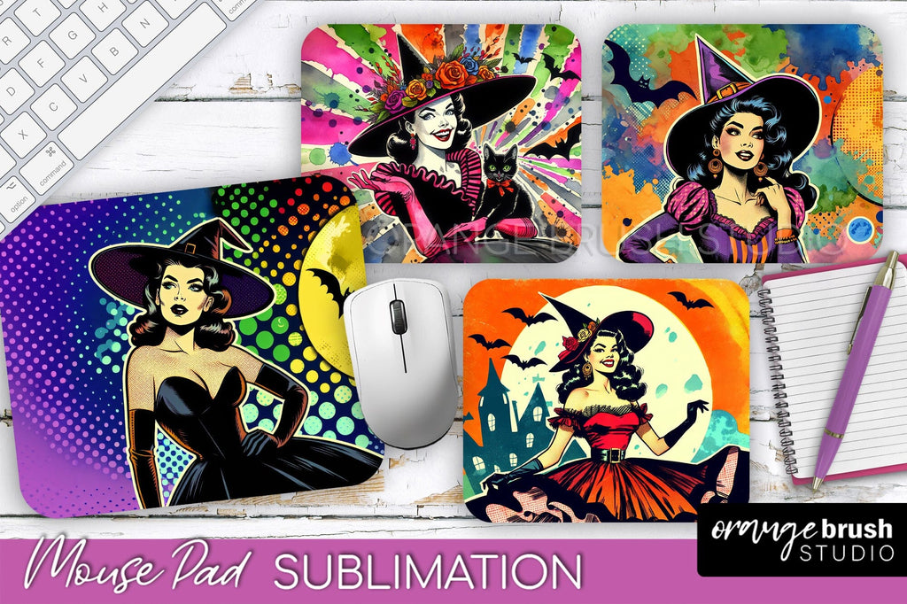 Witch Mouse Pad - Retro Halloween Mousepad Sublimation PNG - So Fontsy