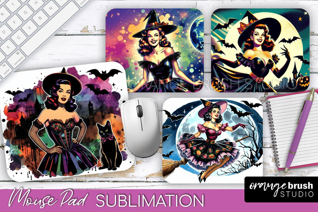 Witch Mouse Pad - Retro Halloween Mousepad Sublimation PNG - So Fontsy