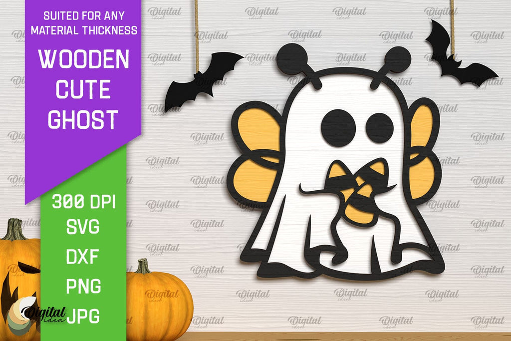 Wooden Cute Ghost Laser Cut Design. Halloween Ghosts SVG - So Fontsy