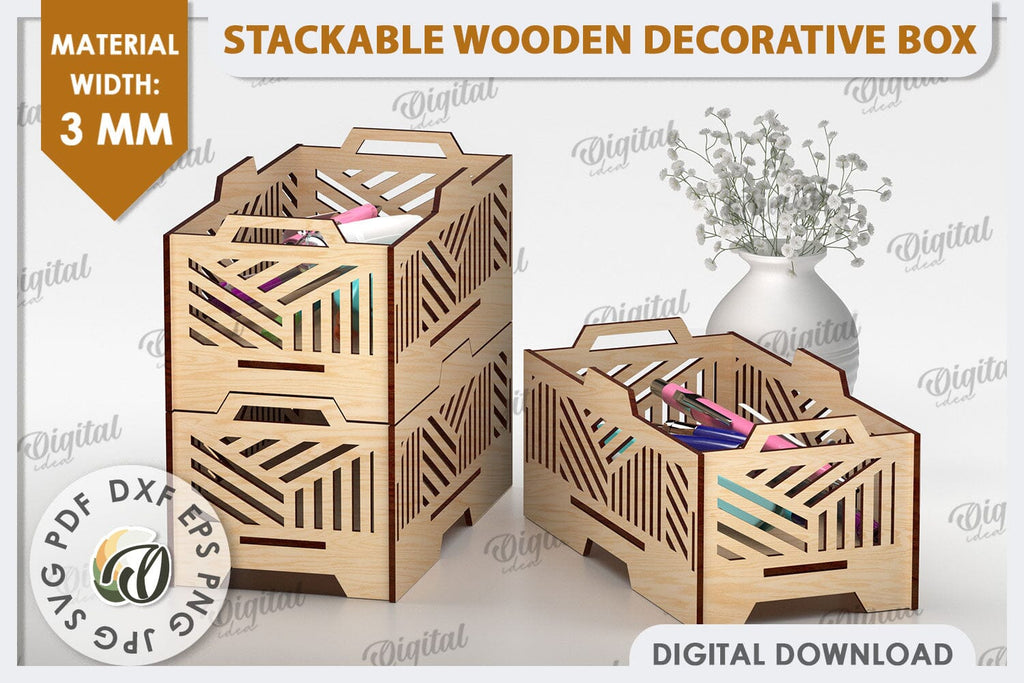 Wooden Decorative Box Laser Cut. Stackable Storage Box SVG - So Fontsy