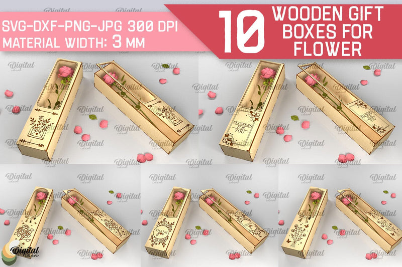 Wooden Gift Boxes For Flowers SVG. 3D Gift Boxes Laser Cut - So Fontsy