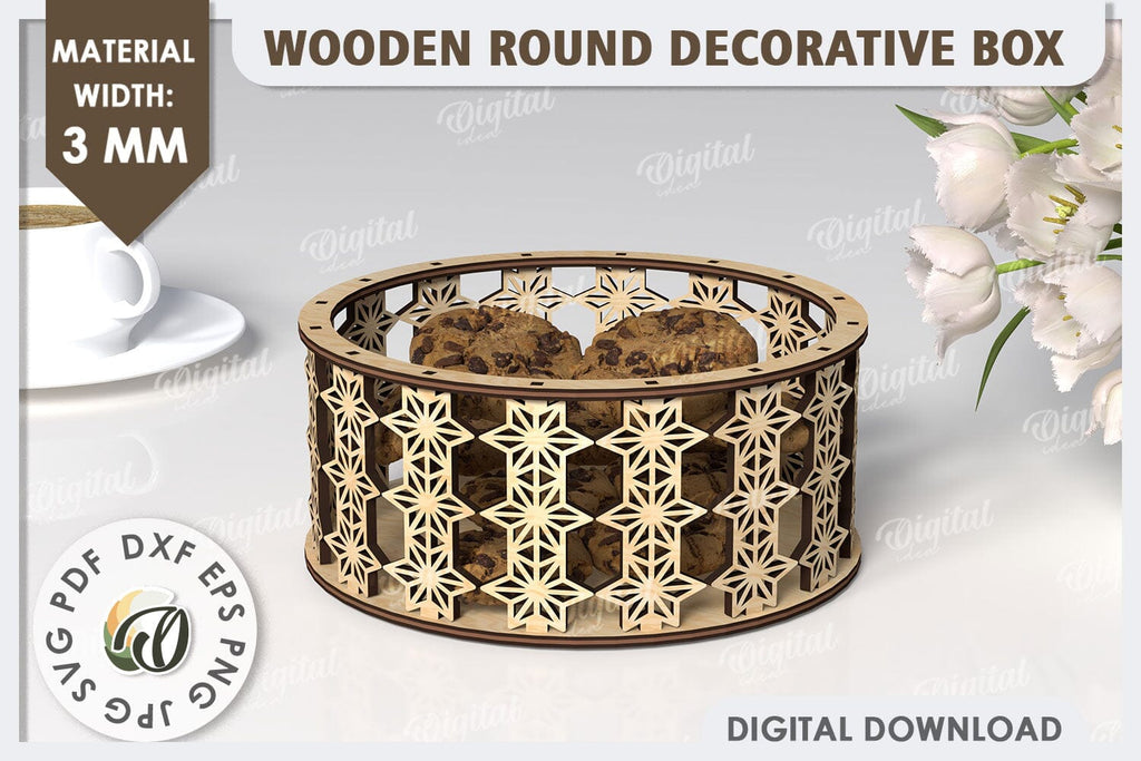 Wooden Round Decorative Box Laser Cut. 3D Gift Box SVG - So Fontsy