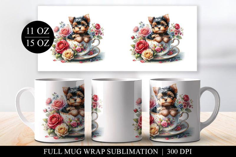 Yorkie Puppy Floral Teacup Full Mug Wrap Sublimation Design - So Fontsy