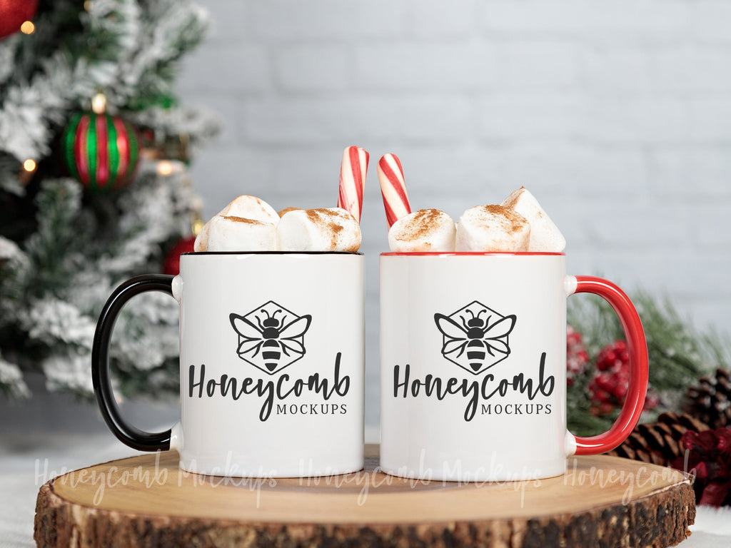 11oz Red Accent mug and 11oz Black Accent mug mockup, Christmas Mug ...