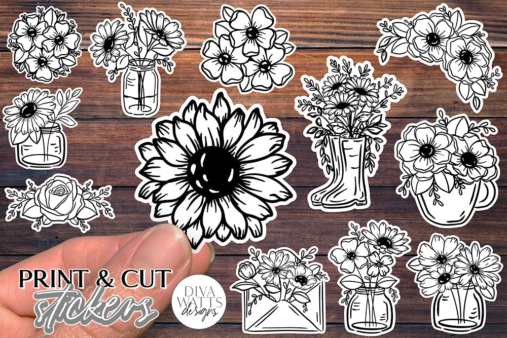 12 Flower Print & Cut Stickers | Hand Drawn Floral Sticker Designs ...