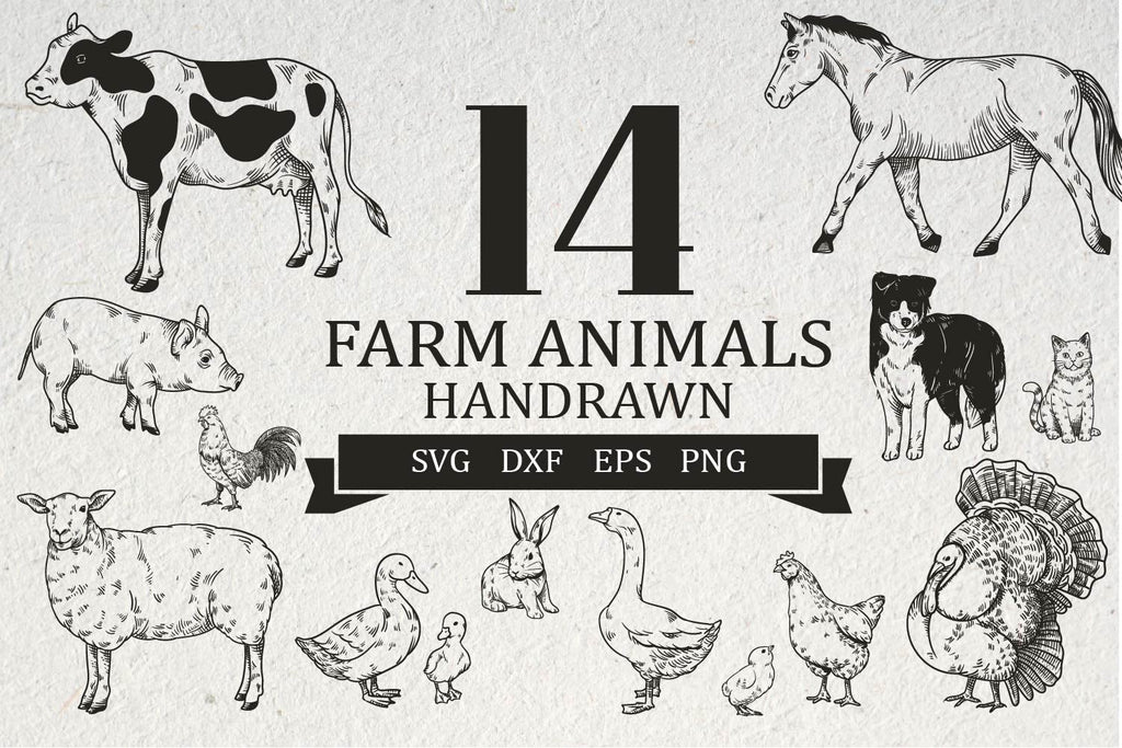 14 Farm animals handrawn svg,dxf,eps,png - So Fontsy