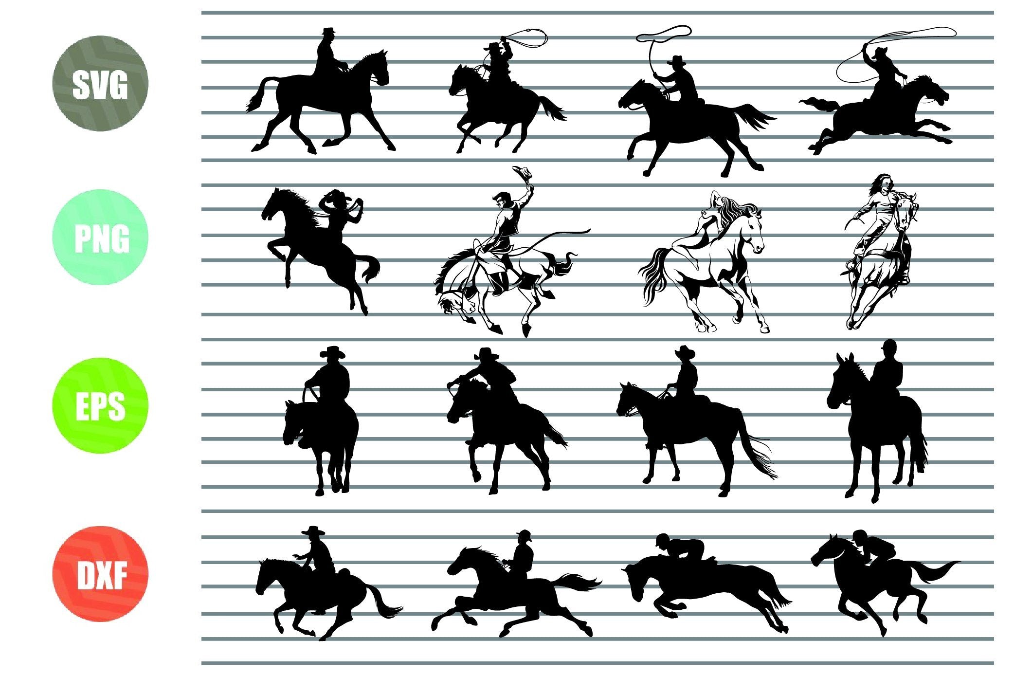 16 Styles Riding Horse Svg Png Eps Dxf Cut Files - So Fontsy