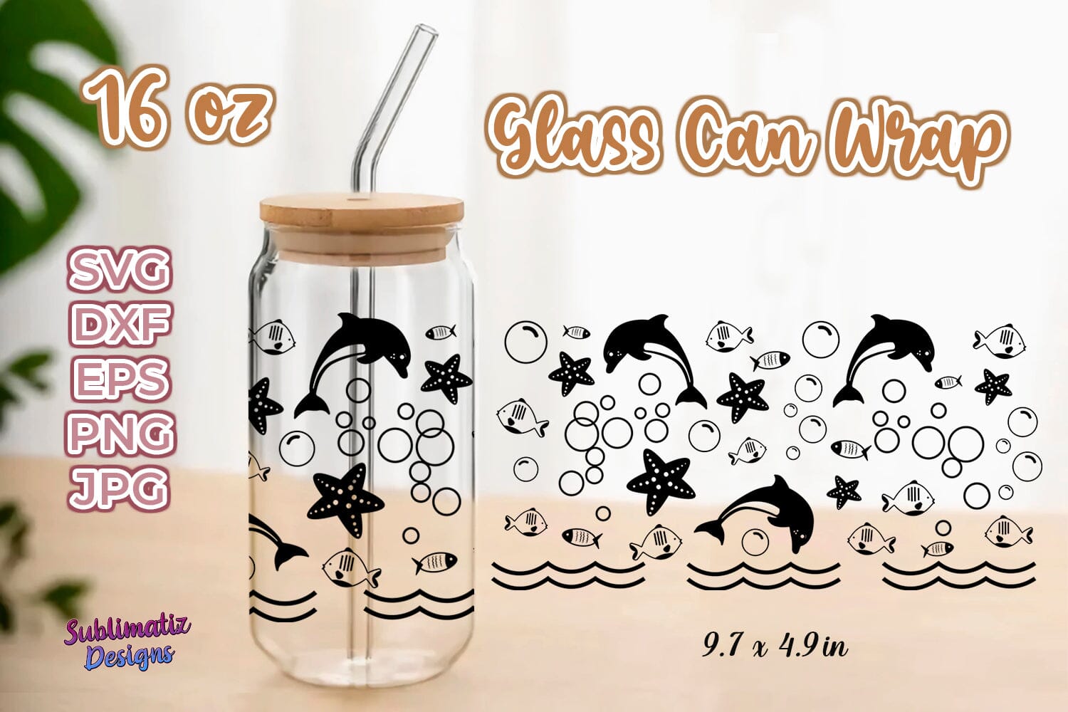 16oz Dolphins & Marine Life Libbey Glass Can Wrap, Svg Vector, Png File ...