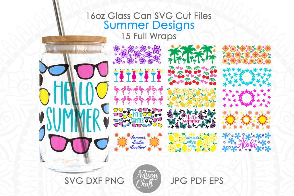 16oz Glass can SVG showing summer designs - So Fontsy