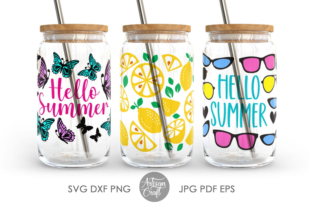 16oz Glass can SVG showing summer designs - So Fontsy