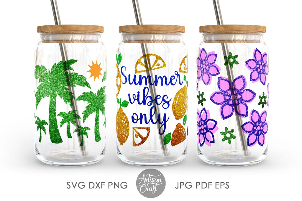 16oz Glass can SVG showing summer designs - So Fontsy