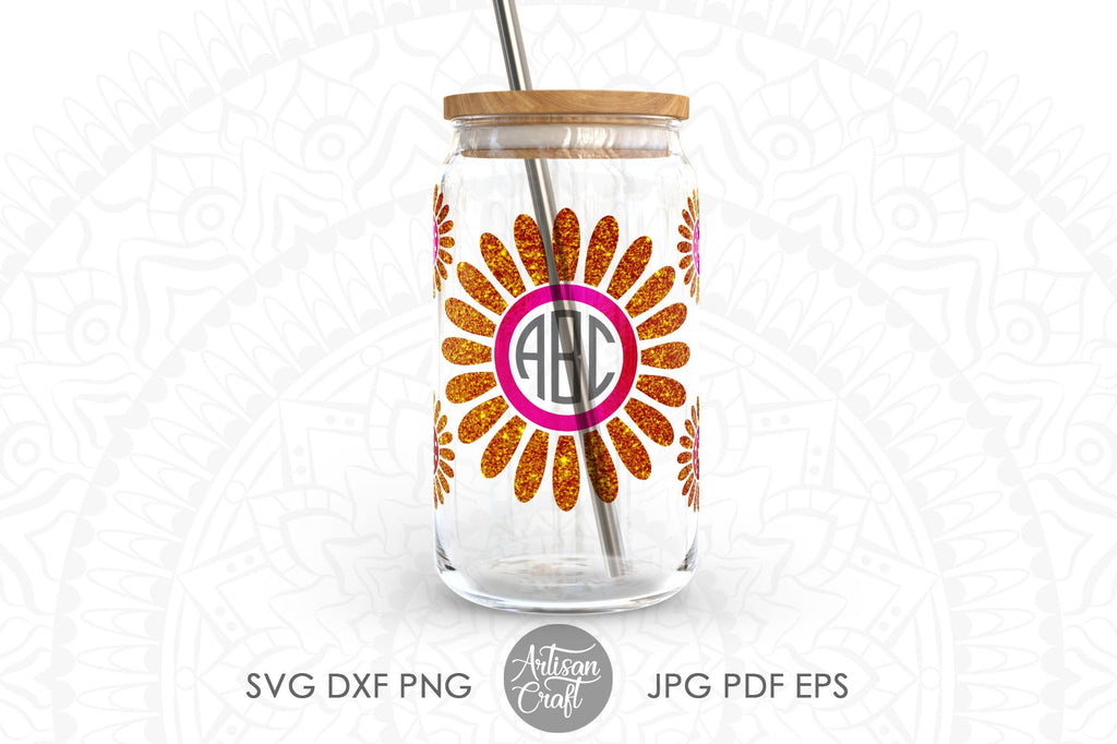16oz glass can SVG with Sunflower monogram - So Fontsy