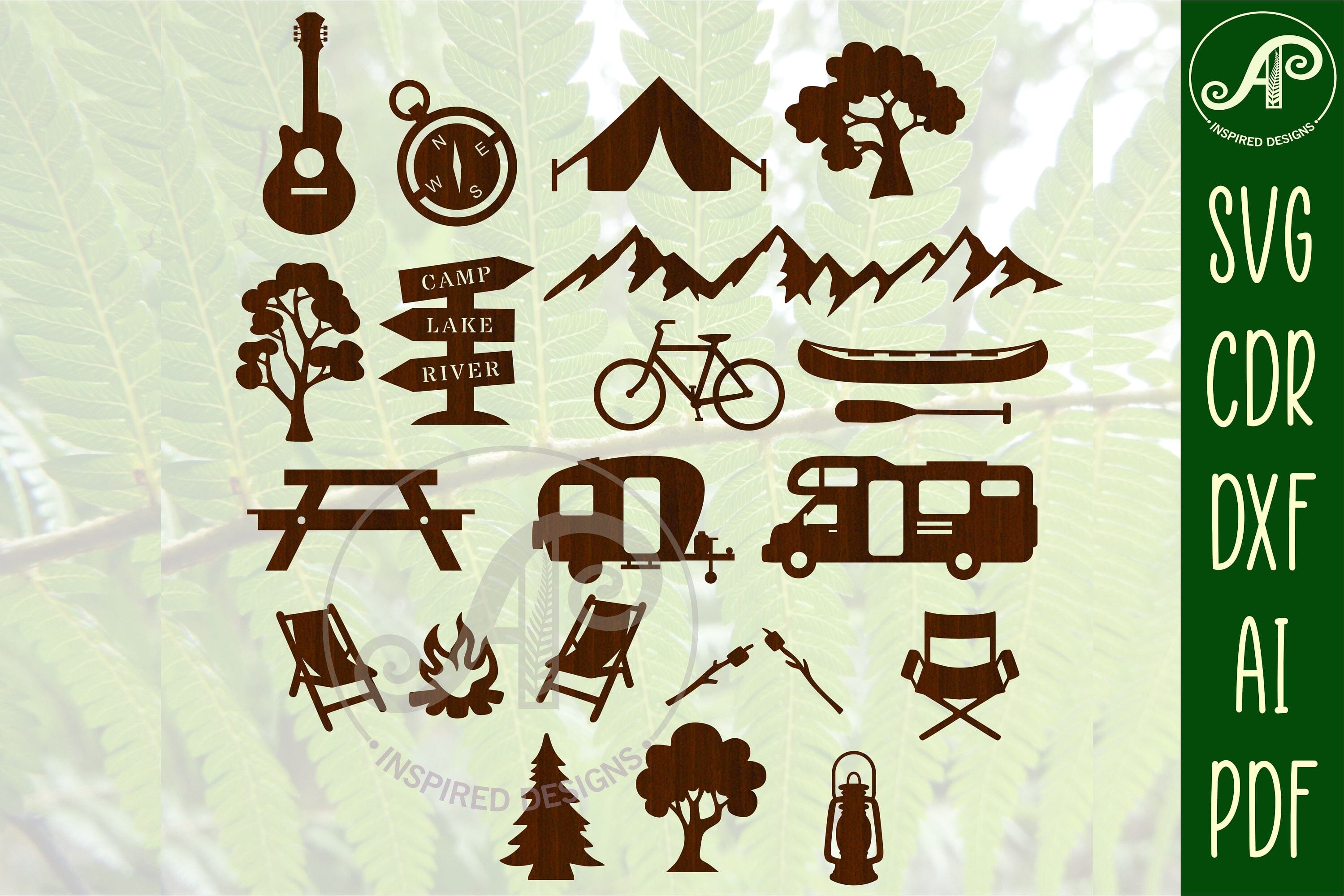 18 Camping theme cut out designs, laser cut file, shapes SVG - So Fontsy