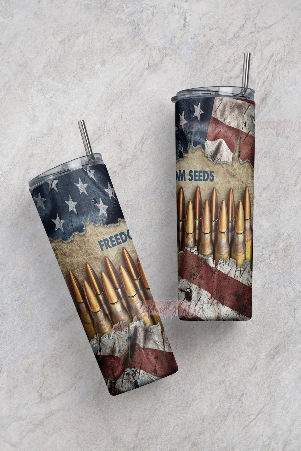 20oz Skinny Tumbler Freedom Seeds Cracked Wood Ammo bullets USA Flag ...
