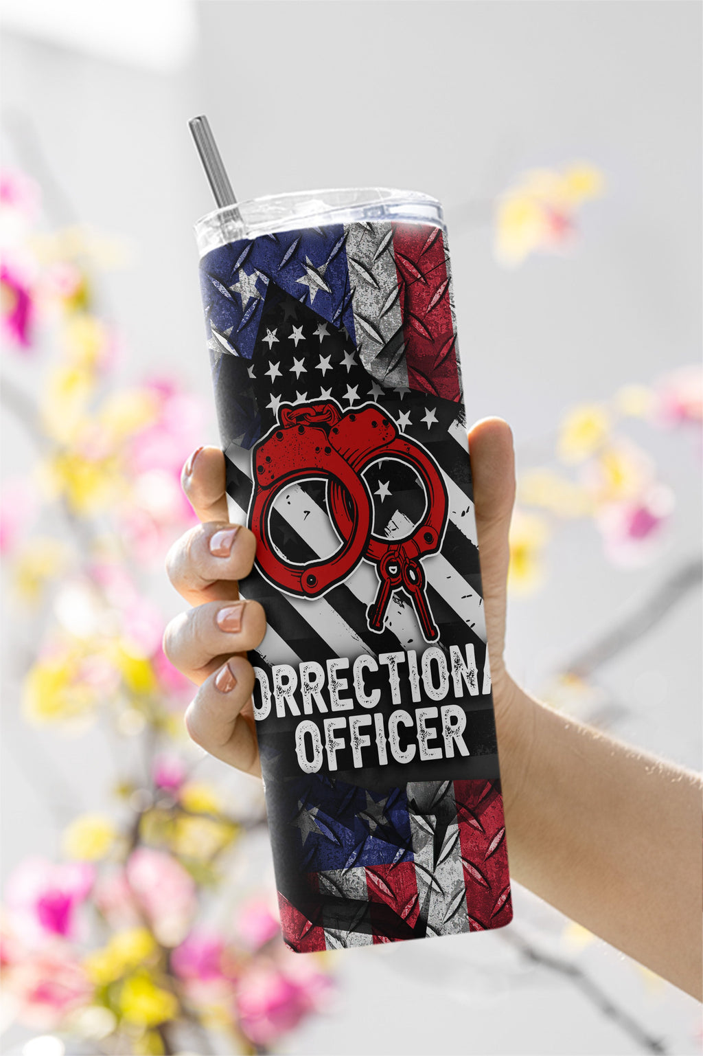 20oz Skinny Tumbler Silver Line Correctional Officer American Flag, USA ...