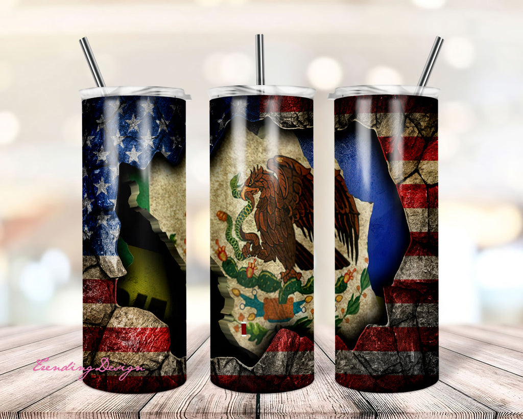 20oz Skinny Tumbler Sublimation Design American Mexico flag Template ...