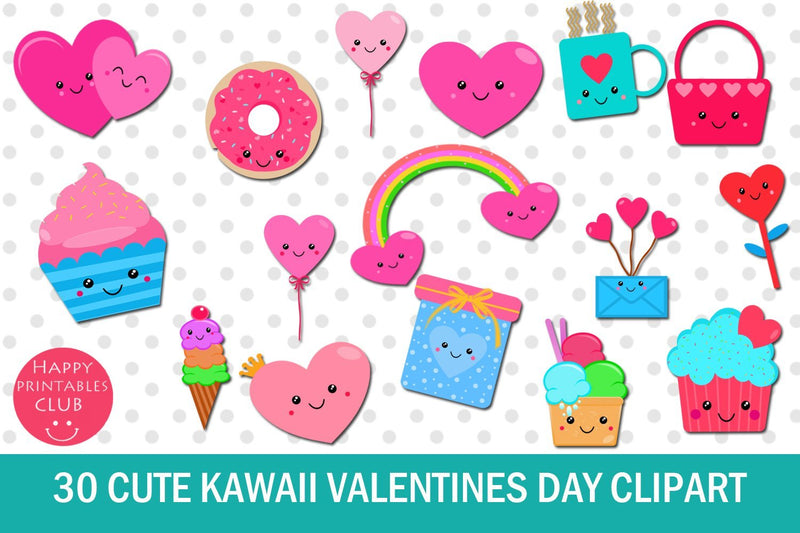 30 Cute Kawaii Valentines Day Clipart- Kawaii Valentines Day - So Fontsy
