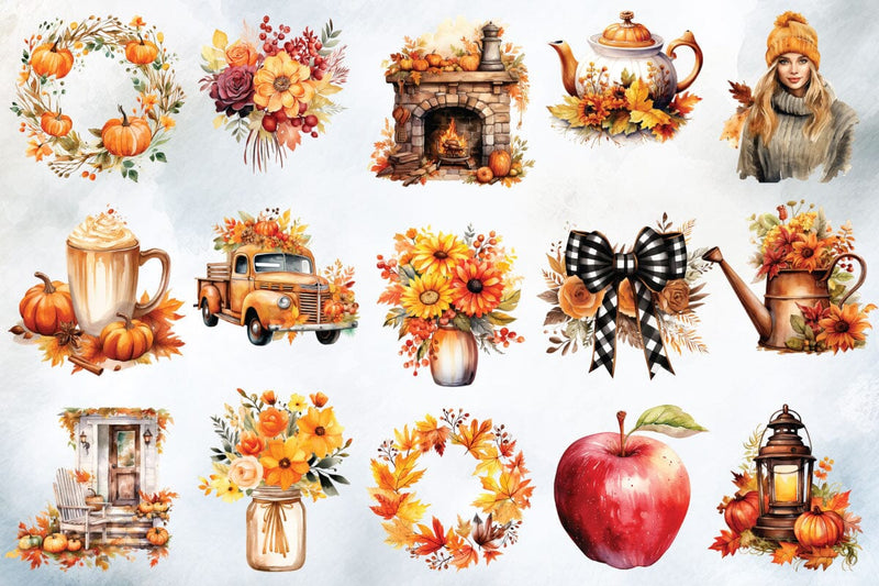 30 Watercolor Fall Clipart Bundle - So Fontsy