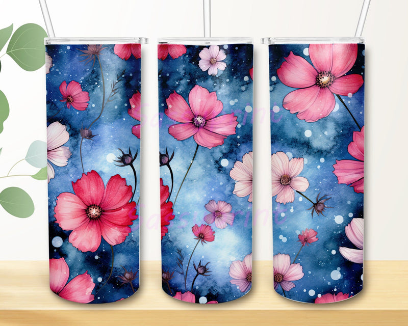 3D Cosmos Flowers 20oz Skinny Tumbler Png, Cosmos Pattern Water Color ...