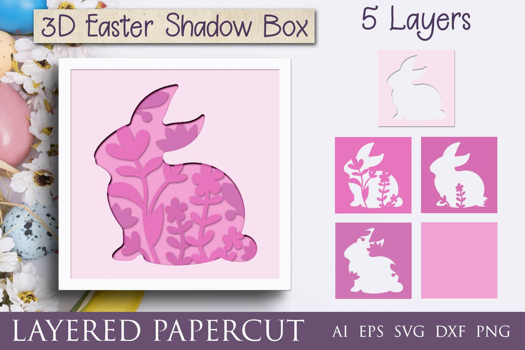 3d easter shadowbox template, Layered papercut easter bunny - So Fontsy