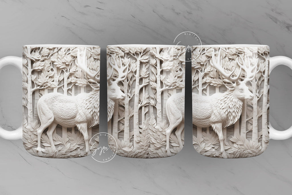 3D Elk Mug, White Deer Mug Wrap, Deer Mug Design, 3D Forest Mug, 3D ...