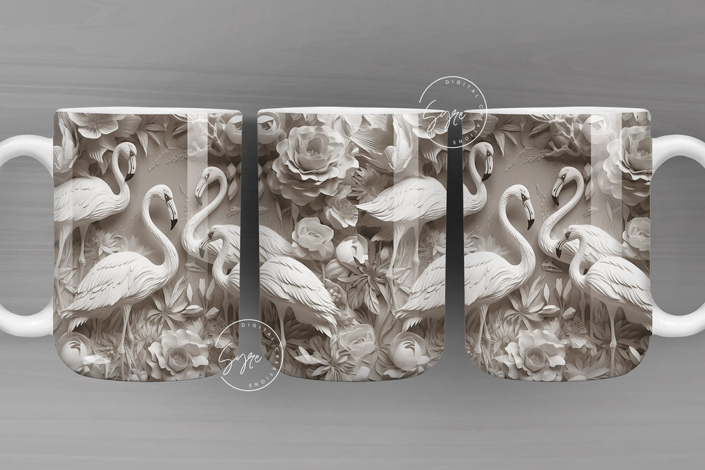 3D Flamingo Mug, White Floral Mug Wrap, Flamingo Mug Design, 3D Flower ...
