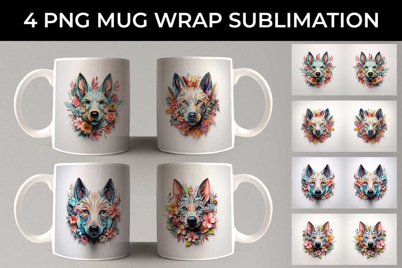 3D Floral Fantasy German Shepherd Mug Sublimation PNG Bundle Free For ...