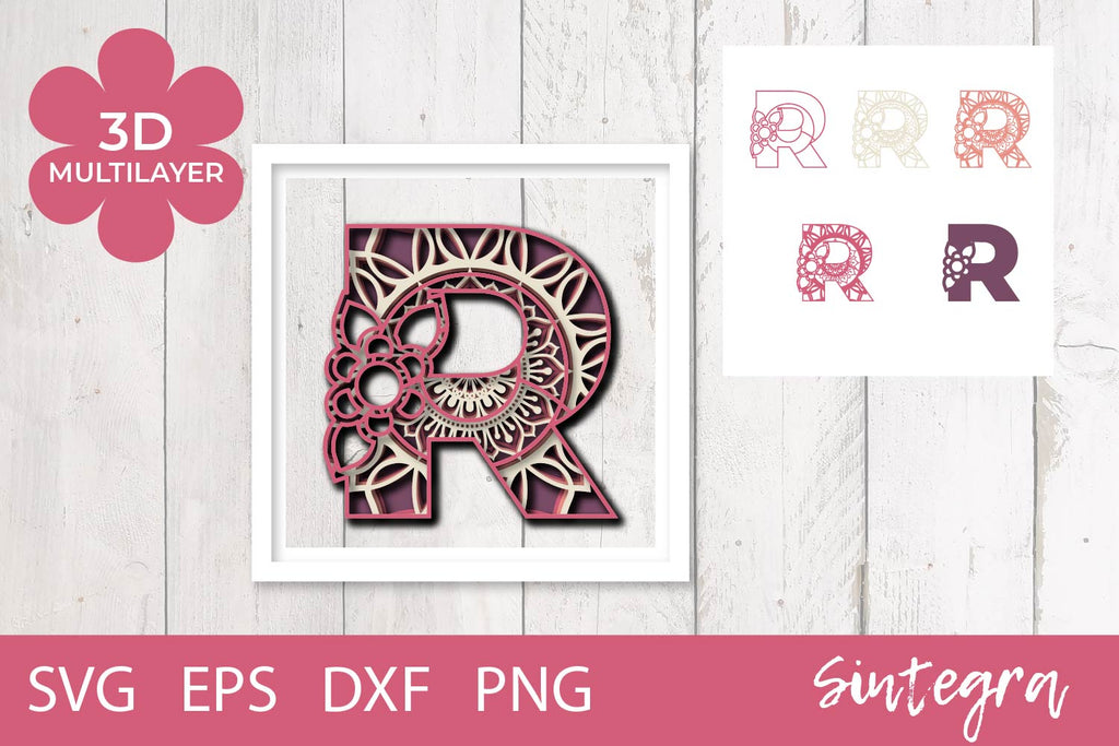 3D Floral Letter R Mandala Multilayer SVG Cut File Free For Commercial ...