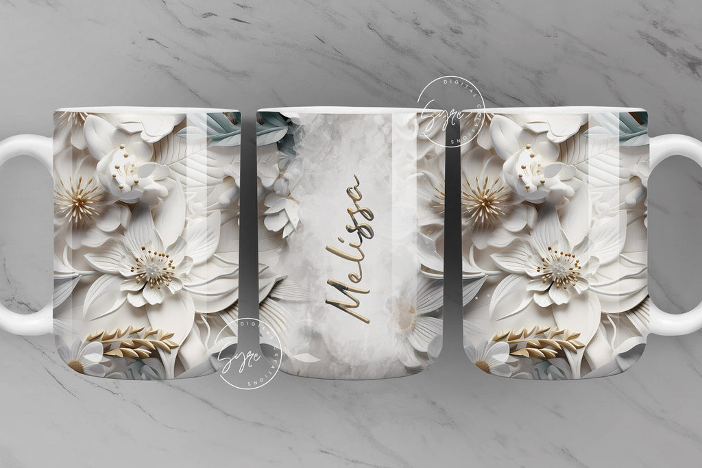 3D Flower Mug, Add Your Own Text, White Floral Mug, Wedding Mug Design ...