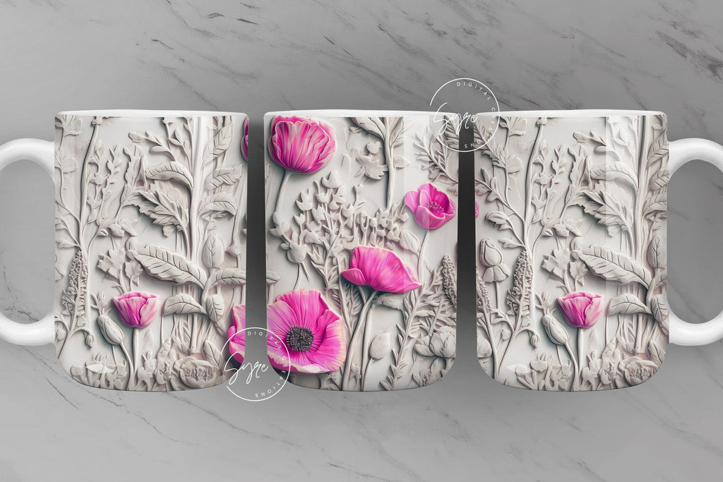 3D Flower Mug, White Floral Mug, Wedding Mug Design, Floral Mug PNG, 3D ...