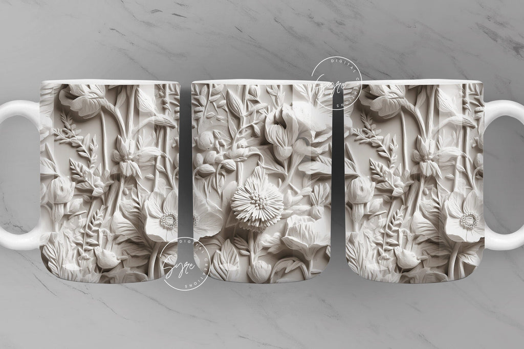 3D Flower Mug, White Floral Mug, Wedding Mug Design, Floral Mug PNG, 3D ...