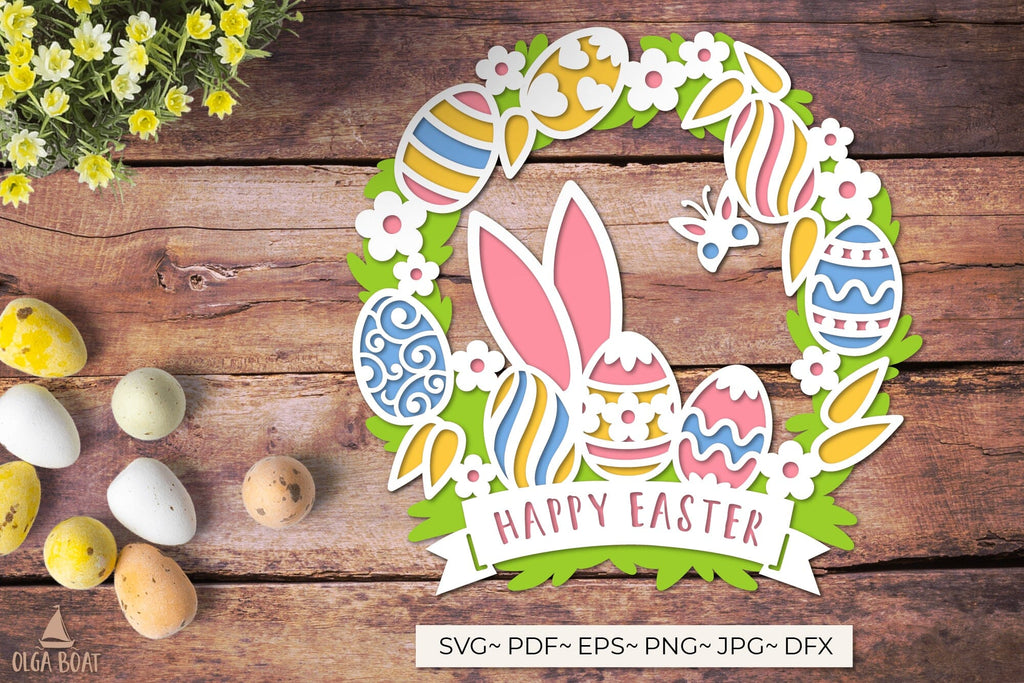 3D Happy Easter Wreath | Happy Easter layered paper cut - So Fontsy