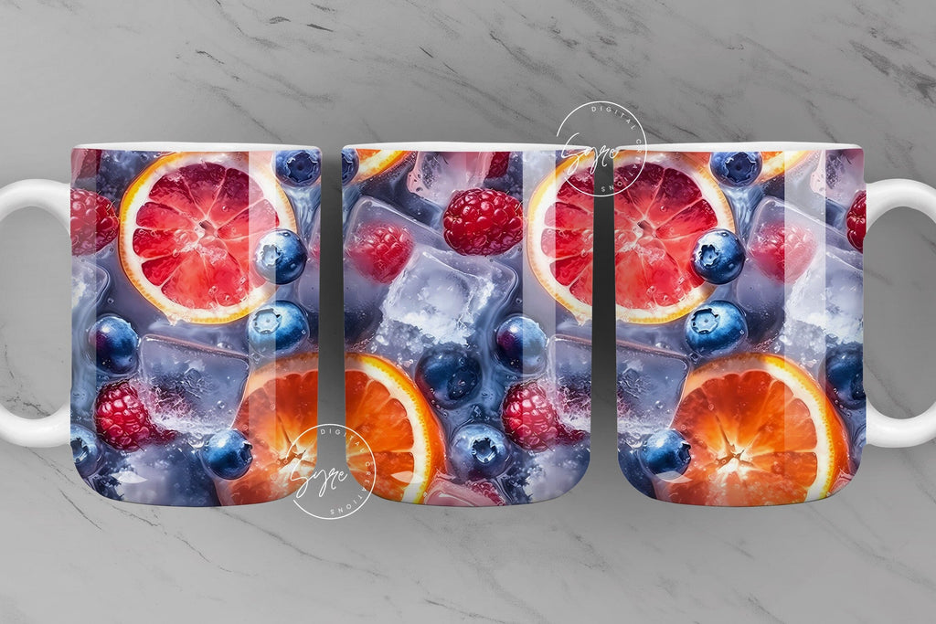 3D Ice Cubes Mug, Summer, Frozen Fruits, Strawberry, Raspberry ...