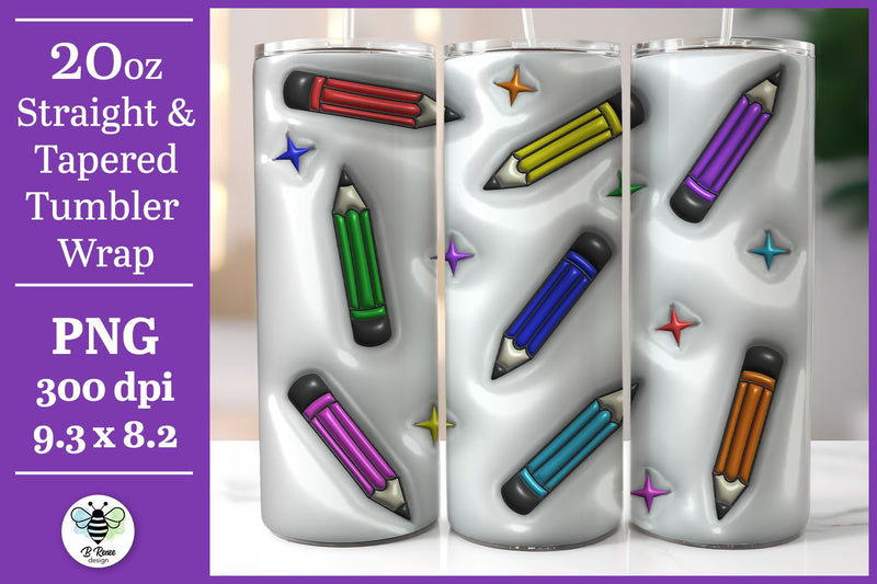 3D Inflated Pencils Tumbler Wrap | 20oz Tumbler 3D Sublimation PNG - So ...