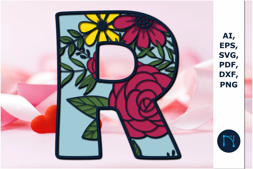 3d layer floral alphabet R laser cut svg - So Fontsy
