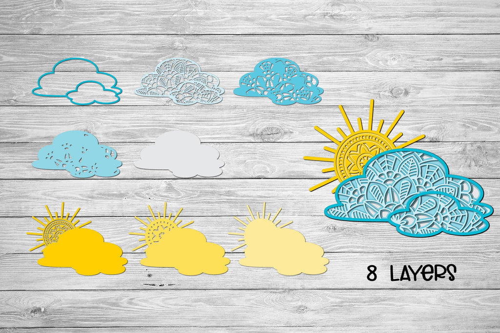 3d Layered Cloud Mandala SVG, Sun SVG and Clouds, Sun Rays in Clouds ...